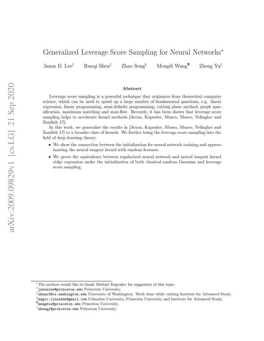 Generalized Leverage Score Sampling for Neural Networks | DeepAI