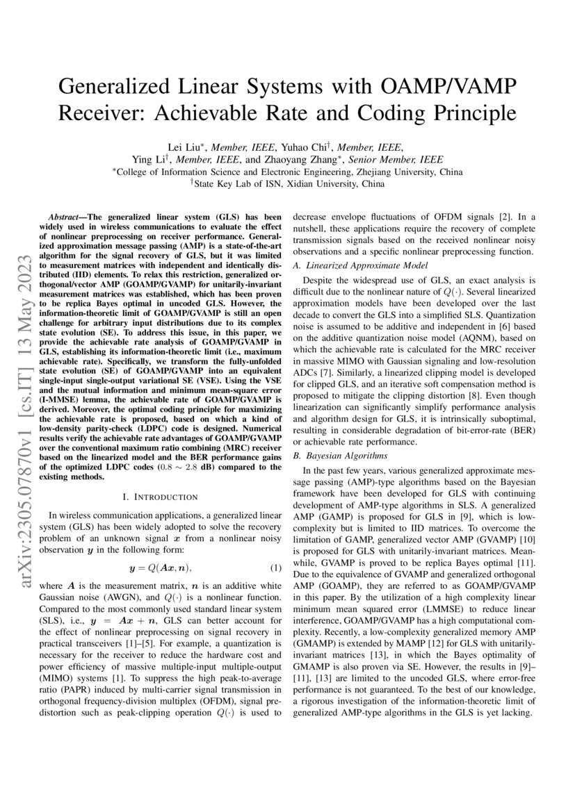 Generalized Linear Systems with OAMP/VAMP Receiver: Achievable Rate and Coding Principle | DeepAI