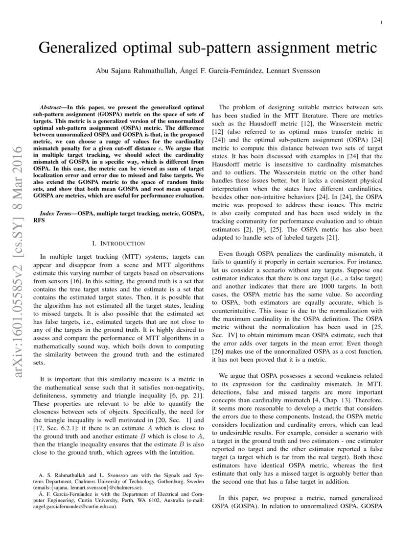 Generalized Optimal Sub Pattern Assignment Metric Deepai