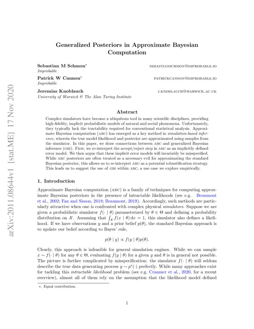 Generalized Posteriors in Approximate Bayesian Computation | DeepAI Generalized Posteriors in Approximate Bayesian Computation | DeepAI