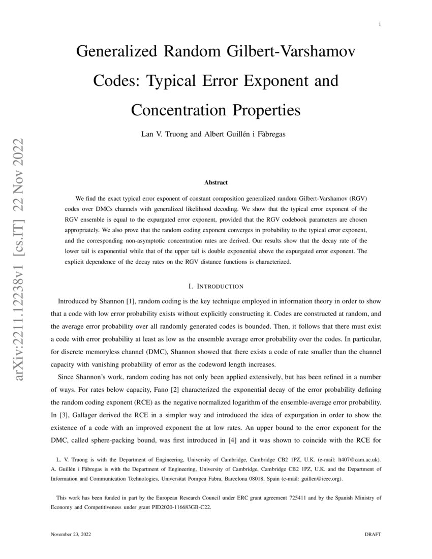Generalized Random Gilbert-Varshamov Codes: Typical Error Exponent and Concentration Properties ...