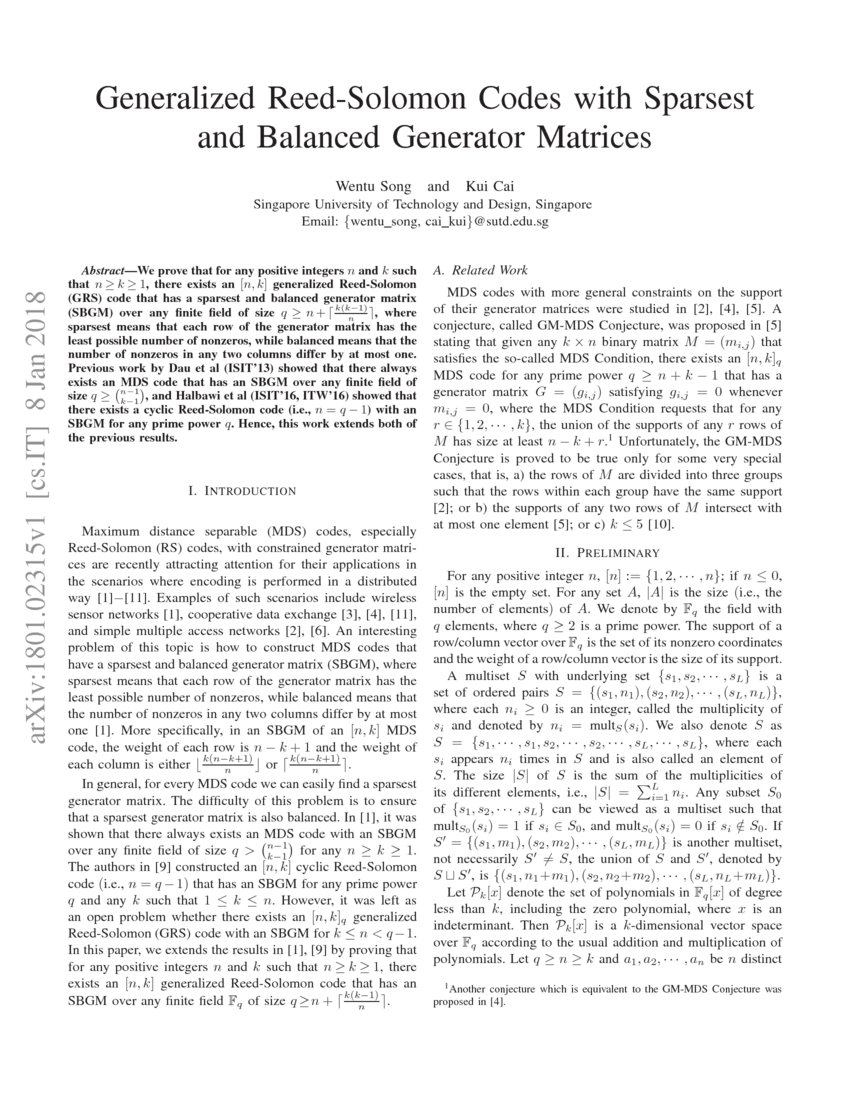 Generalized Reed-Solomon Codes with Sparsest and Balanced Generator ...