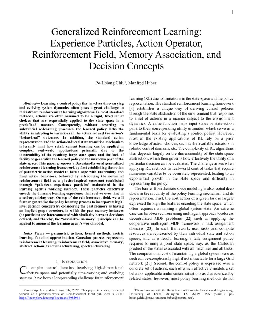 Generalized Reinforcement Learning: Experience Particles, Action ...