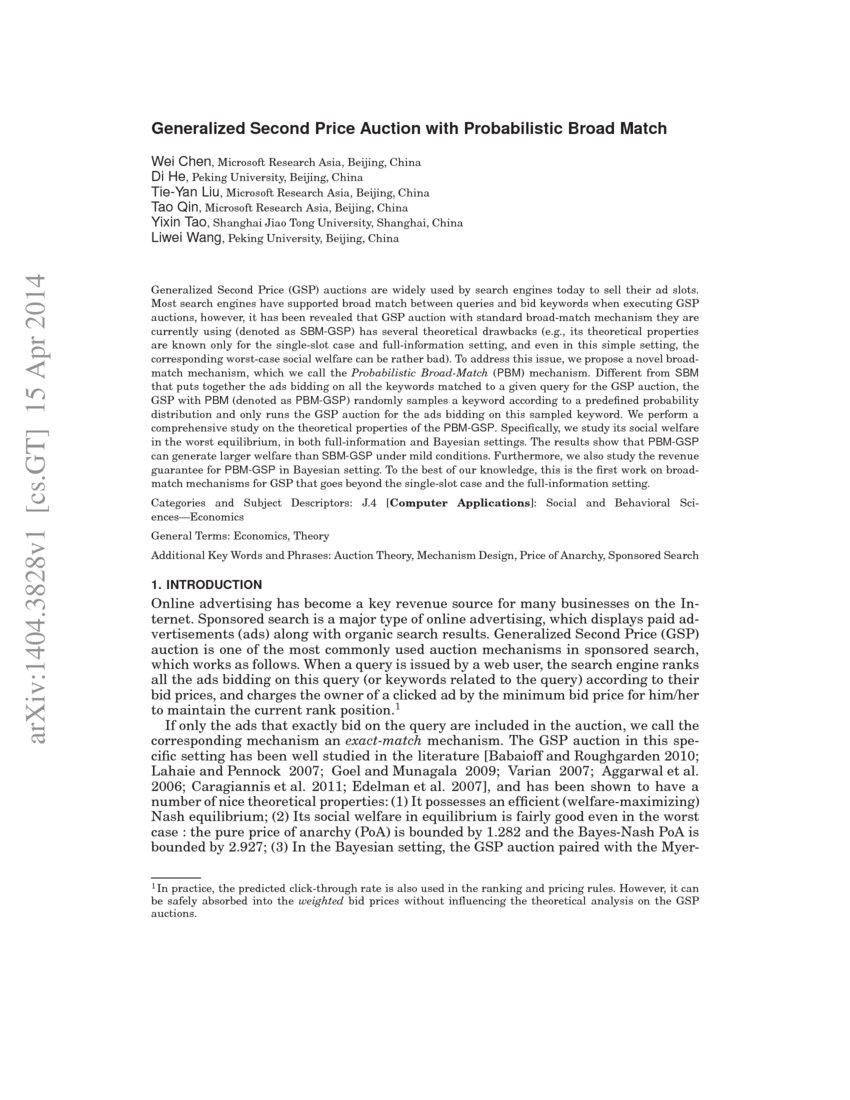 Generalized Second Price Auction with Probabilistic Broad Match | DeepAI