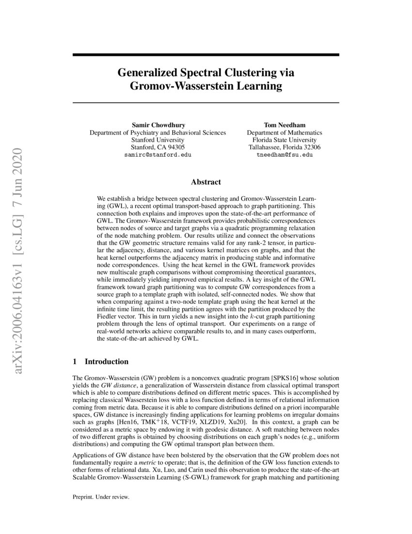 Generalized Spectral Clustering Via Gromov Wasserstein Learning Deepai