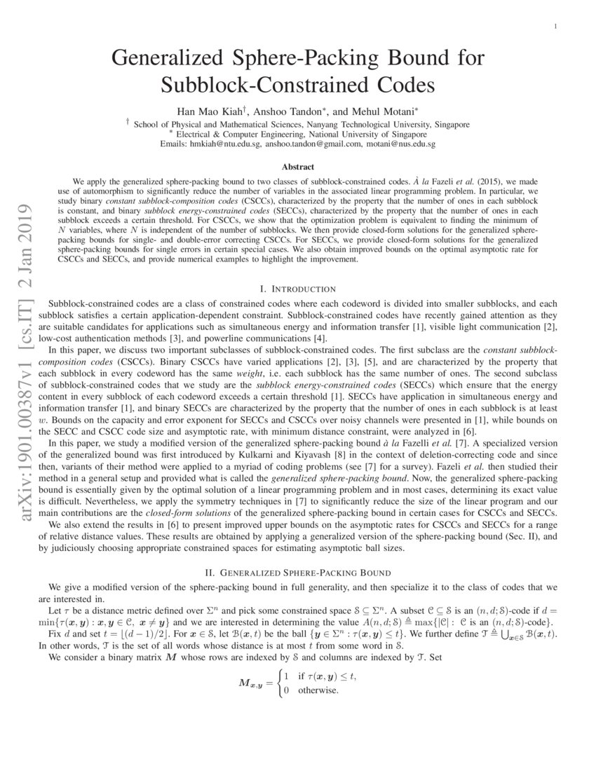 Generalized Sphere-Packing Bound for Subblock-Constrained Codes | DeepAI