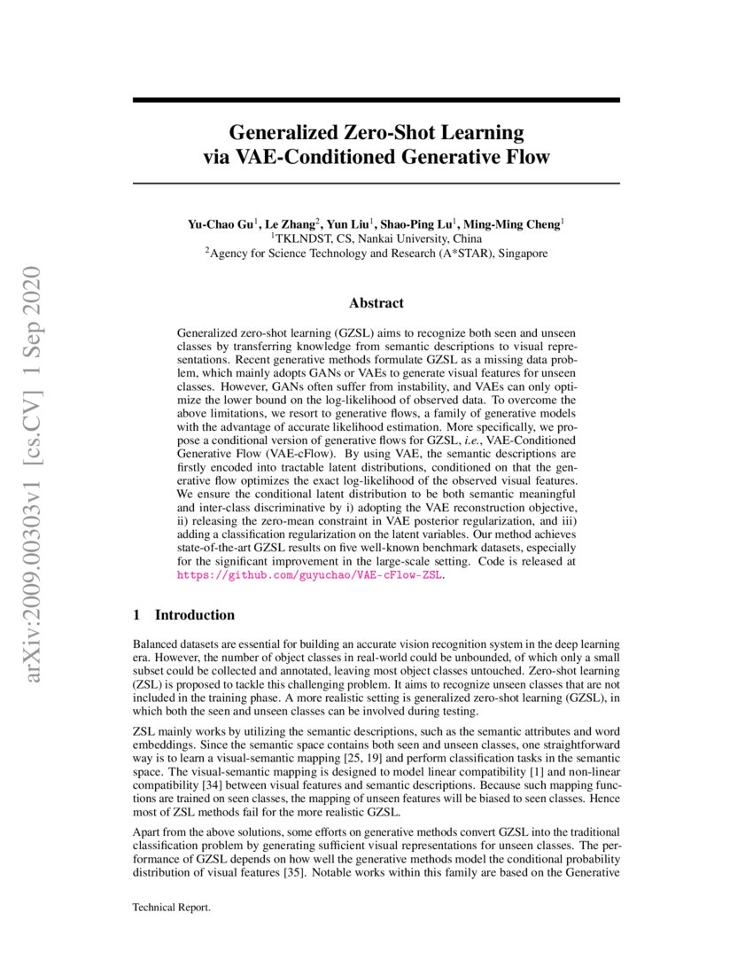 Generalized Zero-Shot Learning via VAE-Conditioned Generative Flow | DeepAI