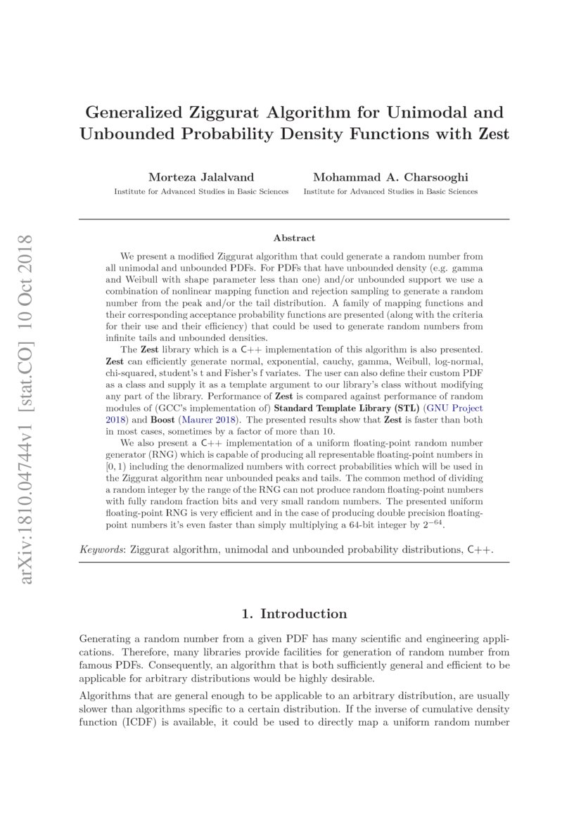 Generalized Ziggurat Algorithm for Unimodal and Unbounded Probability Density Functions with ...
