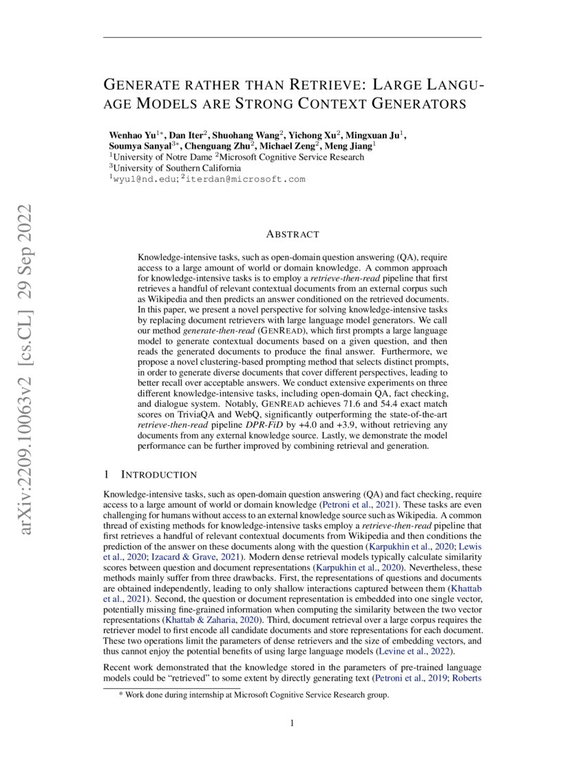 Generate Rather Than Retrieve Large Language Models Are Strong Context Generators Deepai 