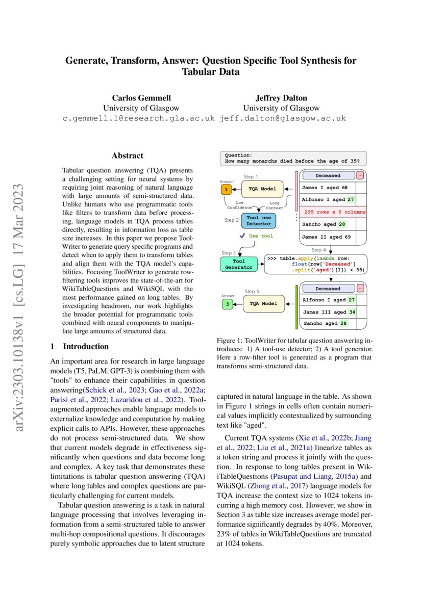 Generate, Transform, Answer: Question Specific Tool Synthesis for Tabular Data | DeepAI