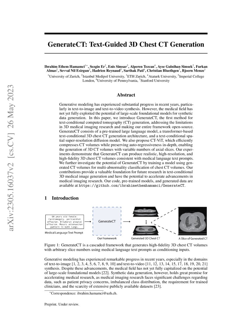 GenerateCT: Text-Guided 3D Chest CT Generation | DeepAI