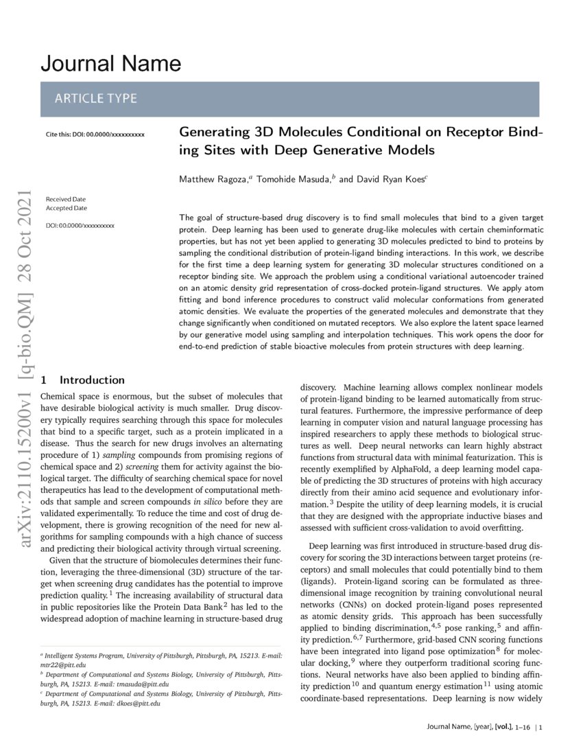 Generating 3D Molecules Conditional on Receptor Binding Sites with Deep ...