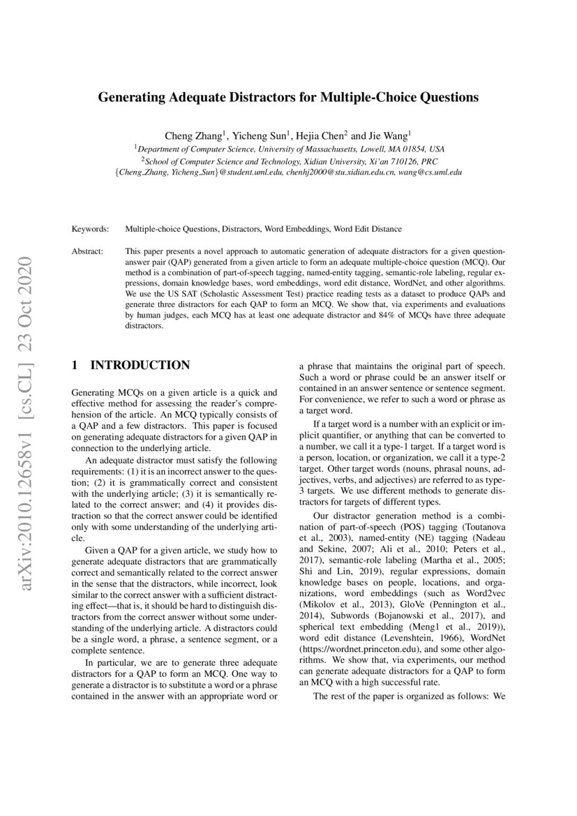 Generating Adequate Distractors for Multiple-Choice Questions | DeepAI