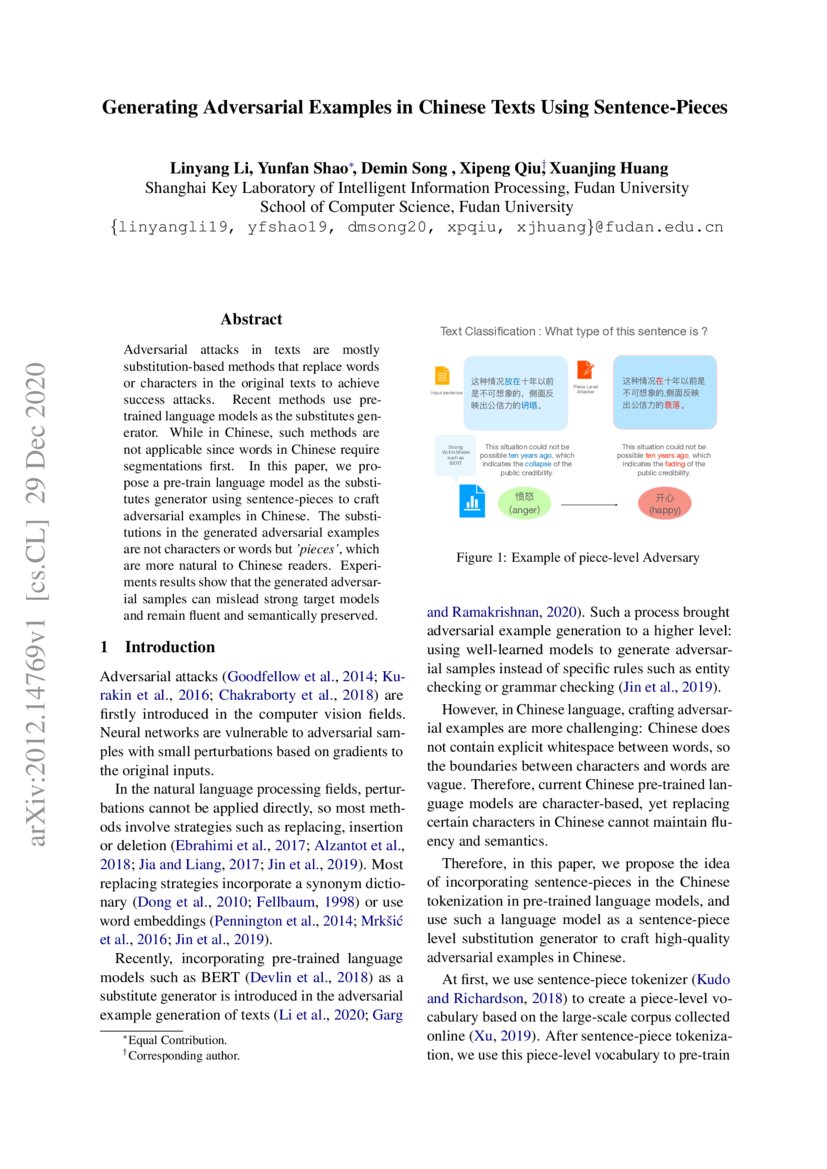 Generating Adversarial Examples In Chinese Texts Using Sentence Pieces Deepai 