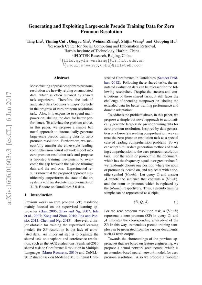 Generating And Exploiting Large Scale Pseudo Training Data For Zero Pronoun Resolution Deepai