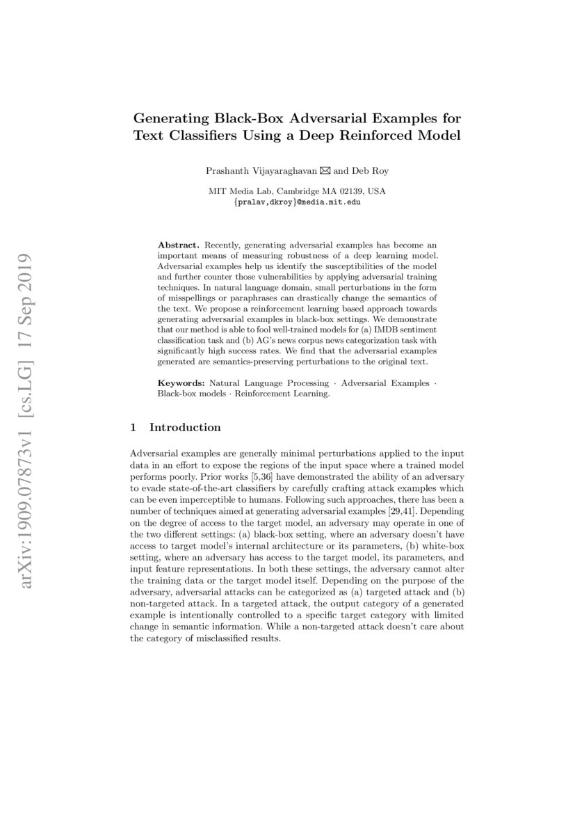 Generating Black-Box Adversarial Examples for Text Classifiers Using a ...