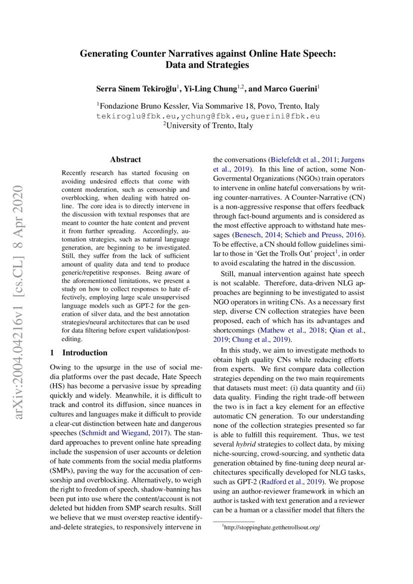 Generating Counter Narratives against Online Hate Speech: Data and ...
