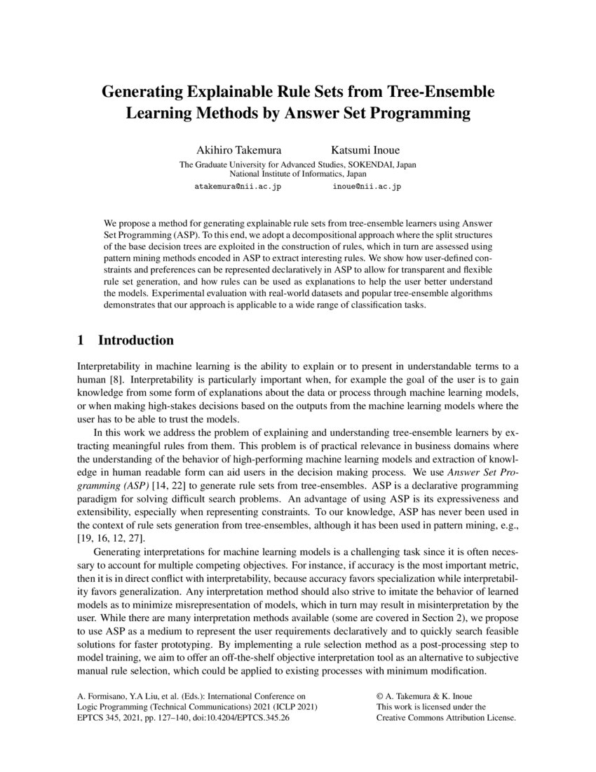 Generating Explainable Rule Sets From Tree Ensemble Learning Methods By Answer Set Programming