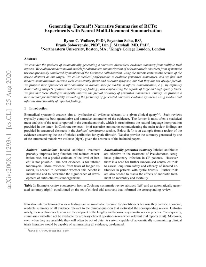 Generating (Factual?) Narrative Summaries of RCTs: Experiments with Neural Multi-Document ...