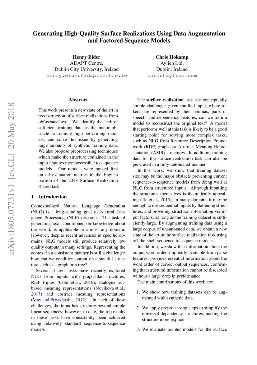 Generating High Quality Surface Realizations Using Data Augmentation And Factored Sequence