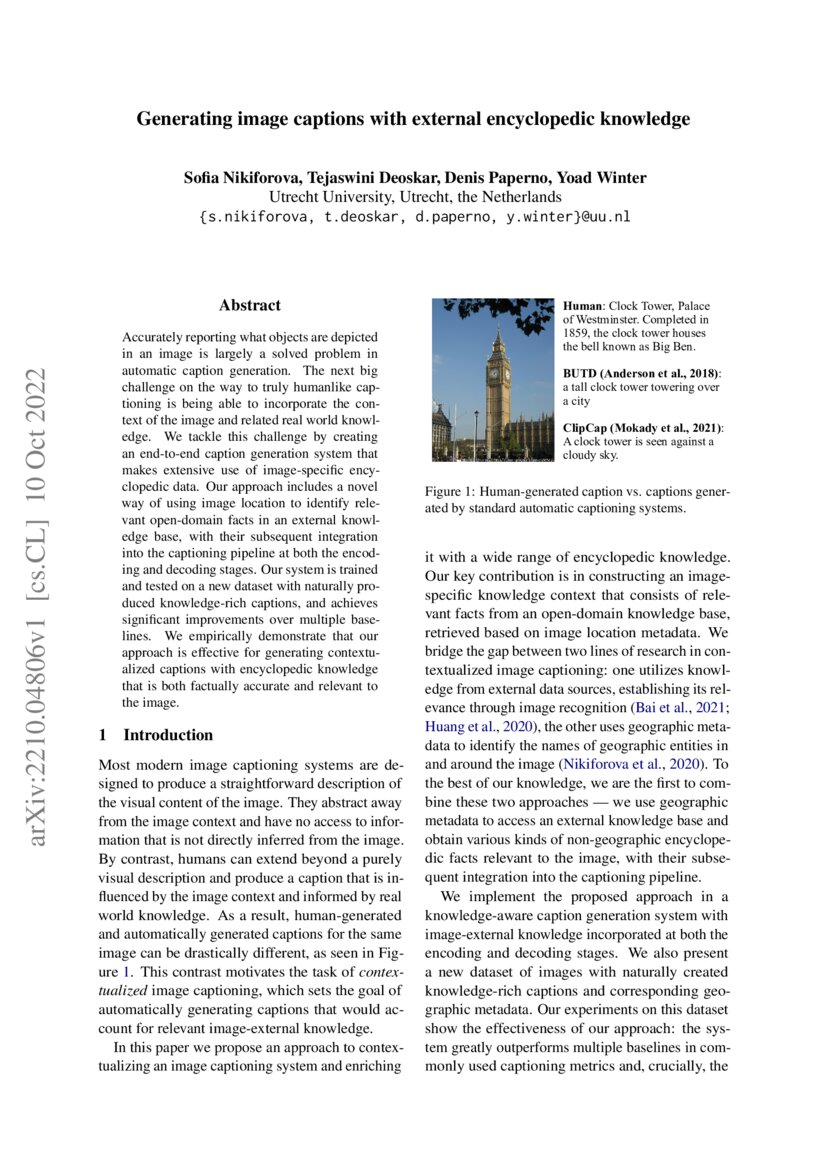 Generating image captions with external encyclopedic knowledge | DeepAI