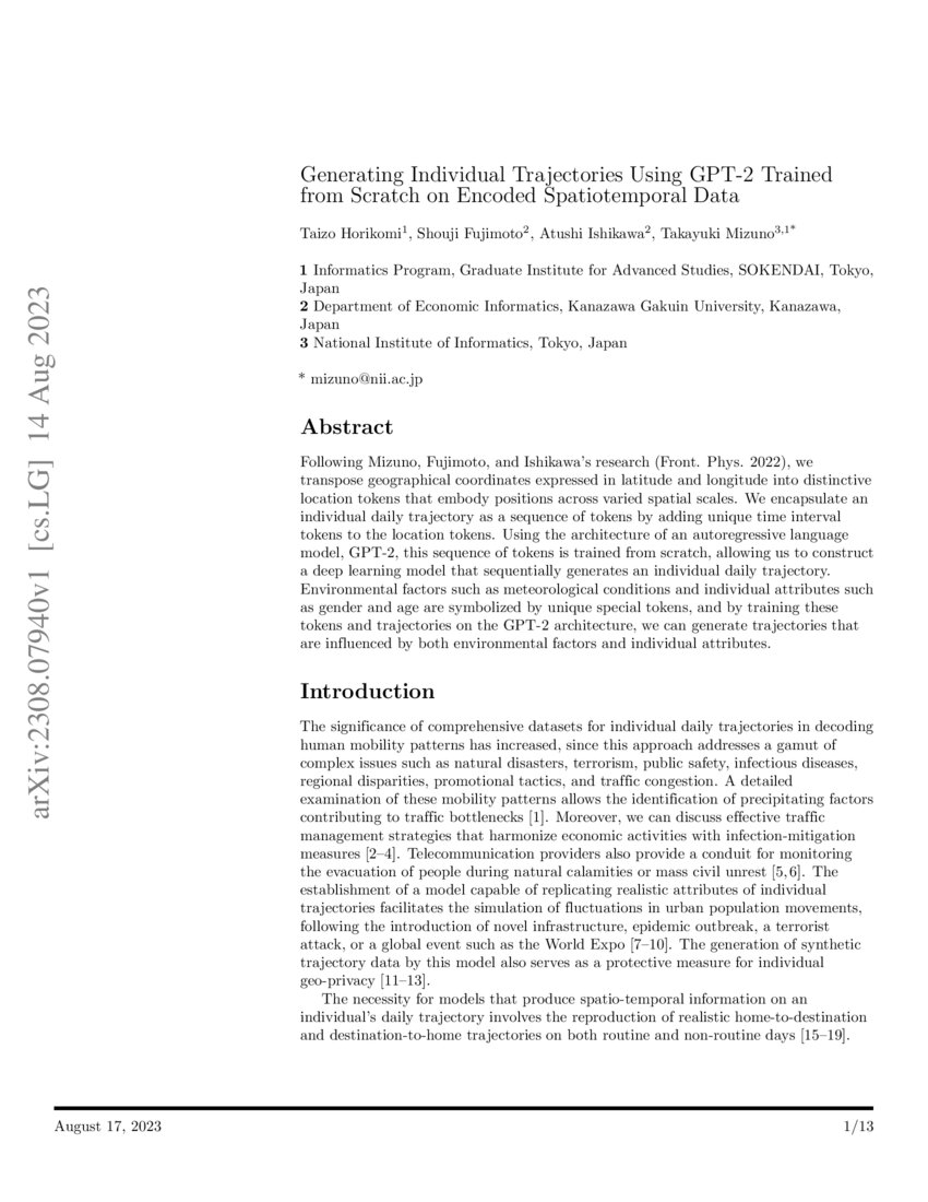 Generating Individual Trajectories Using GPT-2 Trained from Scratch on Encoded Spatiotemporal ...