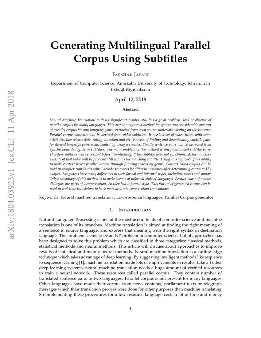 Generating Multilingual Parallel Corpus Using Subtitles | DeepAI