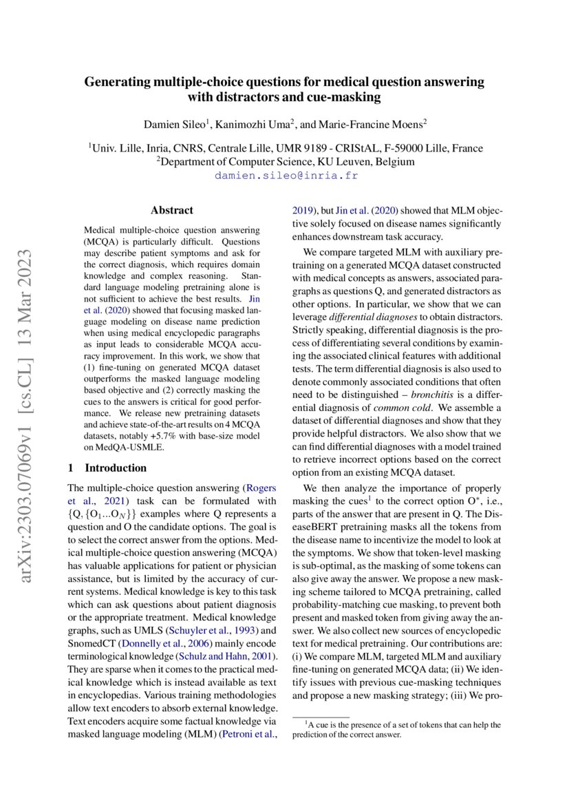 Generating multiple-choice questions for medical question answering with distractors and cue ...