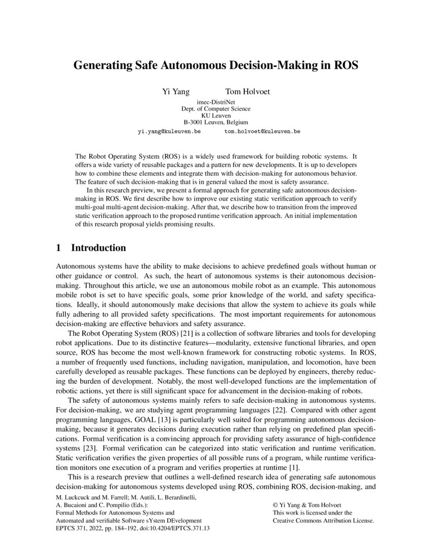 Generating Safe Autonomous Decision-Making in ROS | DeepAI