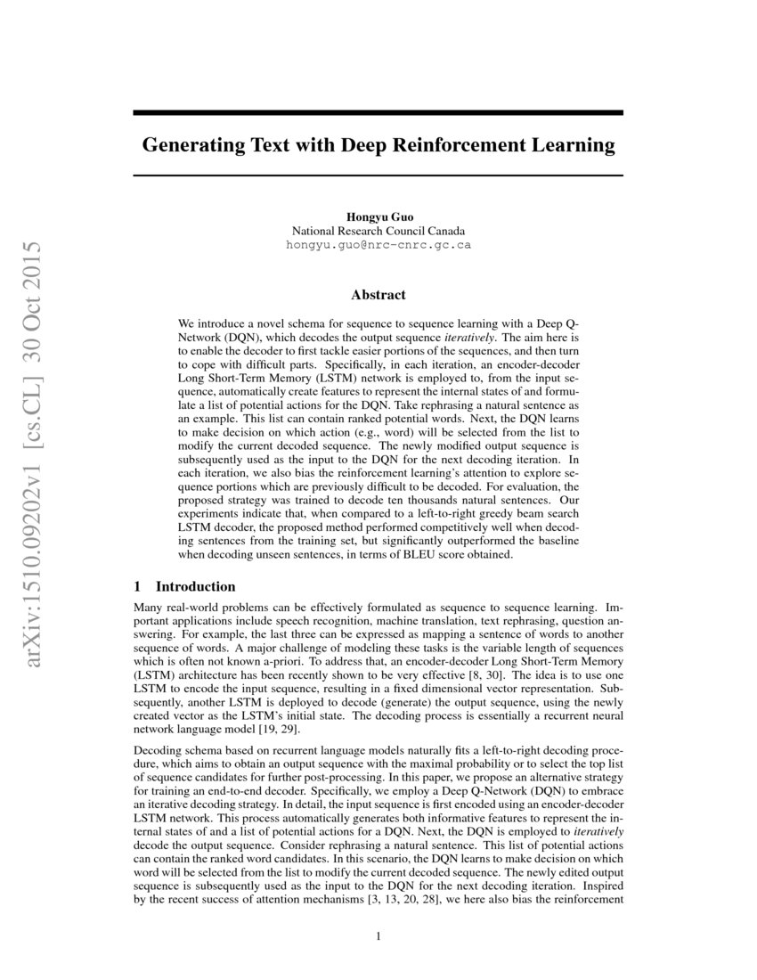 Generating Text with Deep Reinforcement Learning | DeepAI