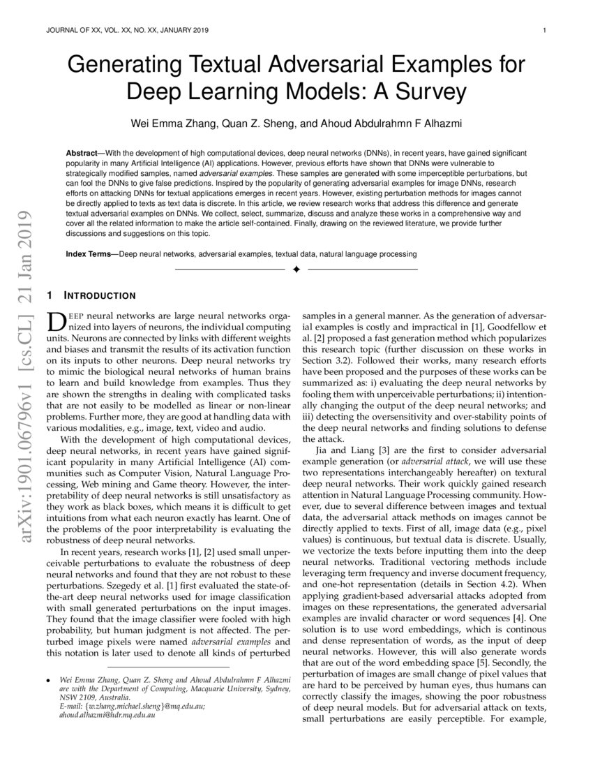 Generating Textual Adversarial Examples for Deep Learning Models: A ...