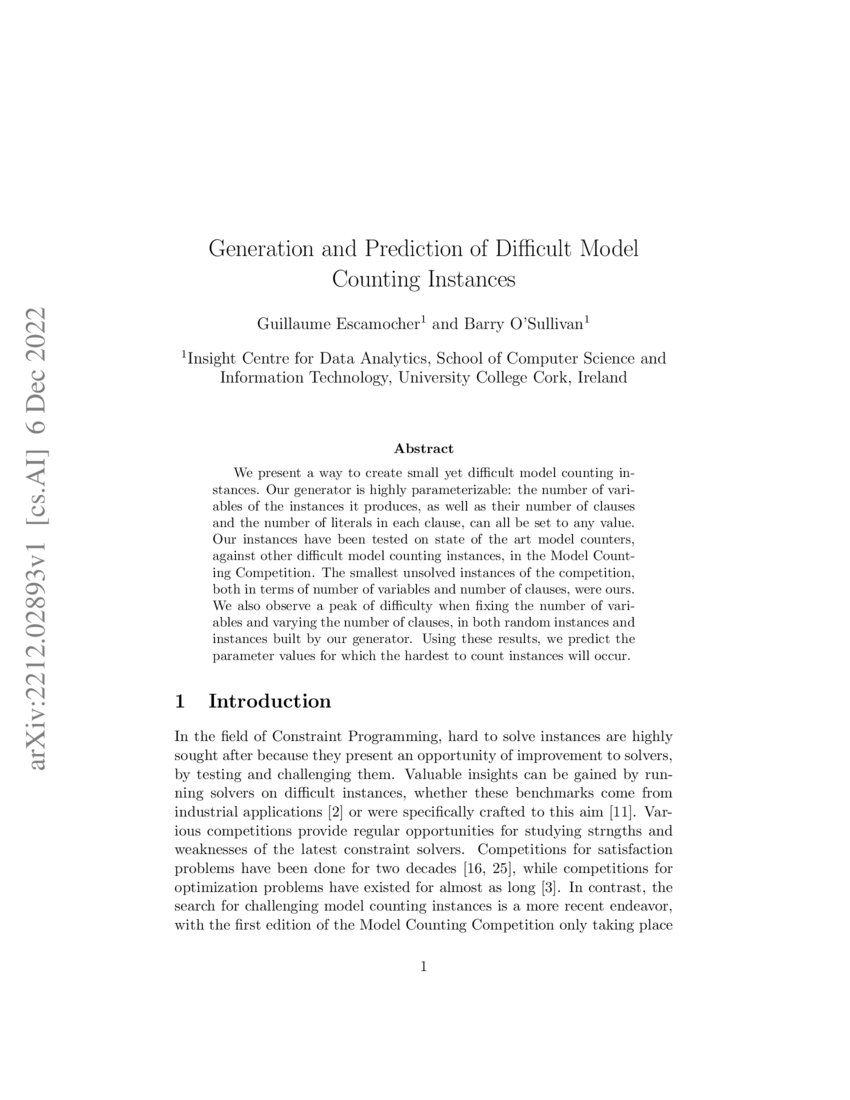 Generation And Prediction Of Difficult Model Counting Instances Deepai 