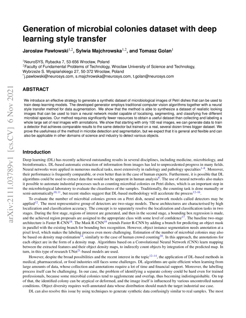 Generation of microbial colonies dataset with deep learning style ...