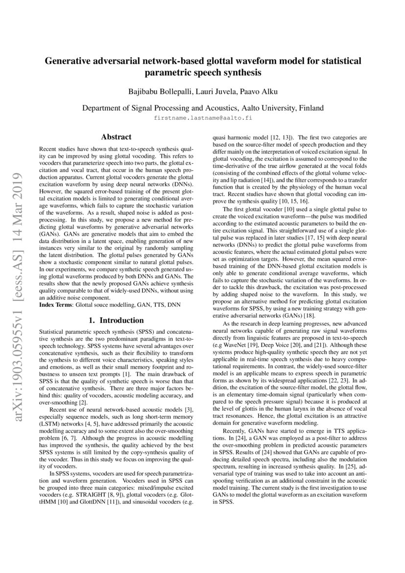 Generative adversarial network-based glottal waveform model for statistical parametric speech ...