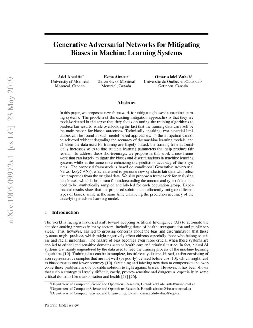 Generative Adversarial Networks For Mitigating Biases In Machine Learning Systems Deepai