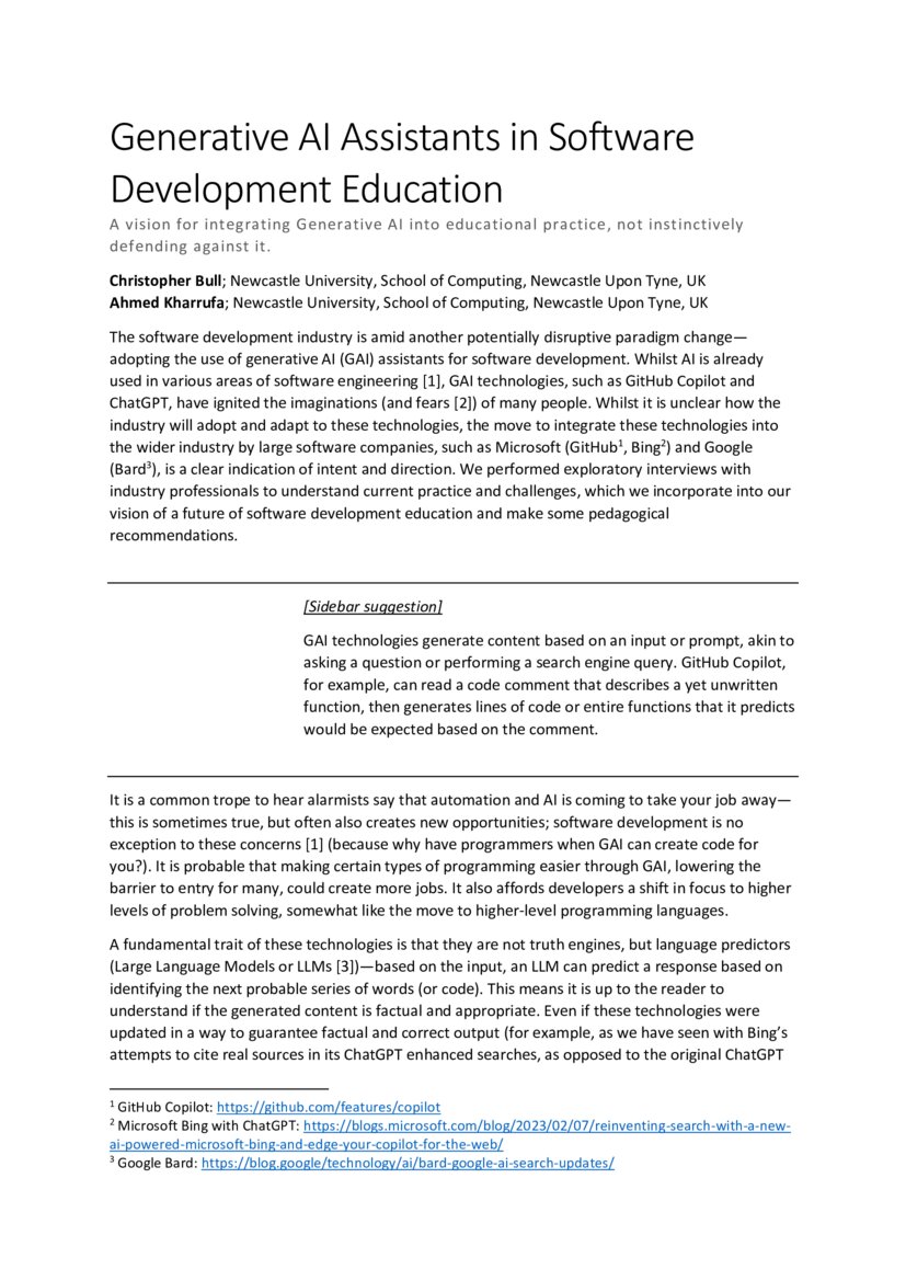 Generative AI Assistants in Software Development Education | DeepAI