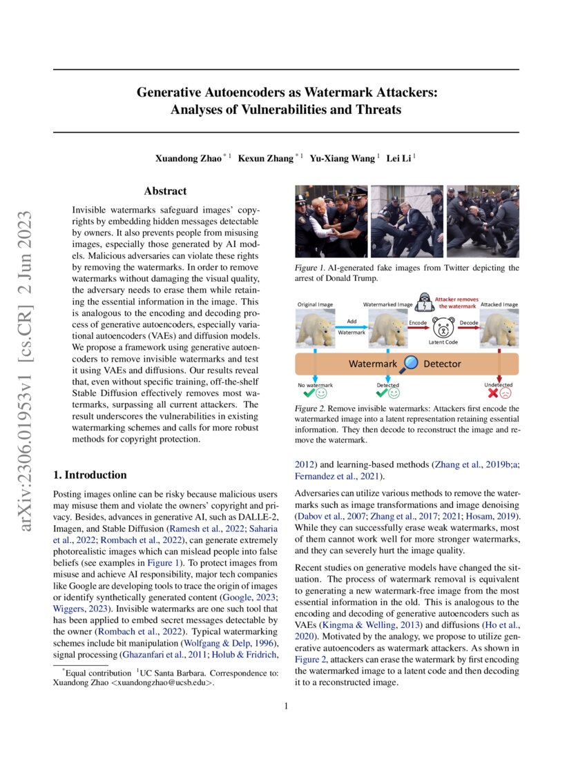 Generative Autoencoders as Watermark Attackers: Analyses of Vulnerabilities and Threats | DeepAI
