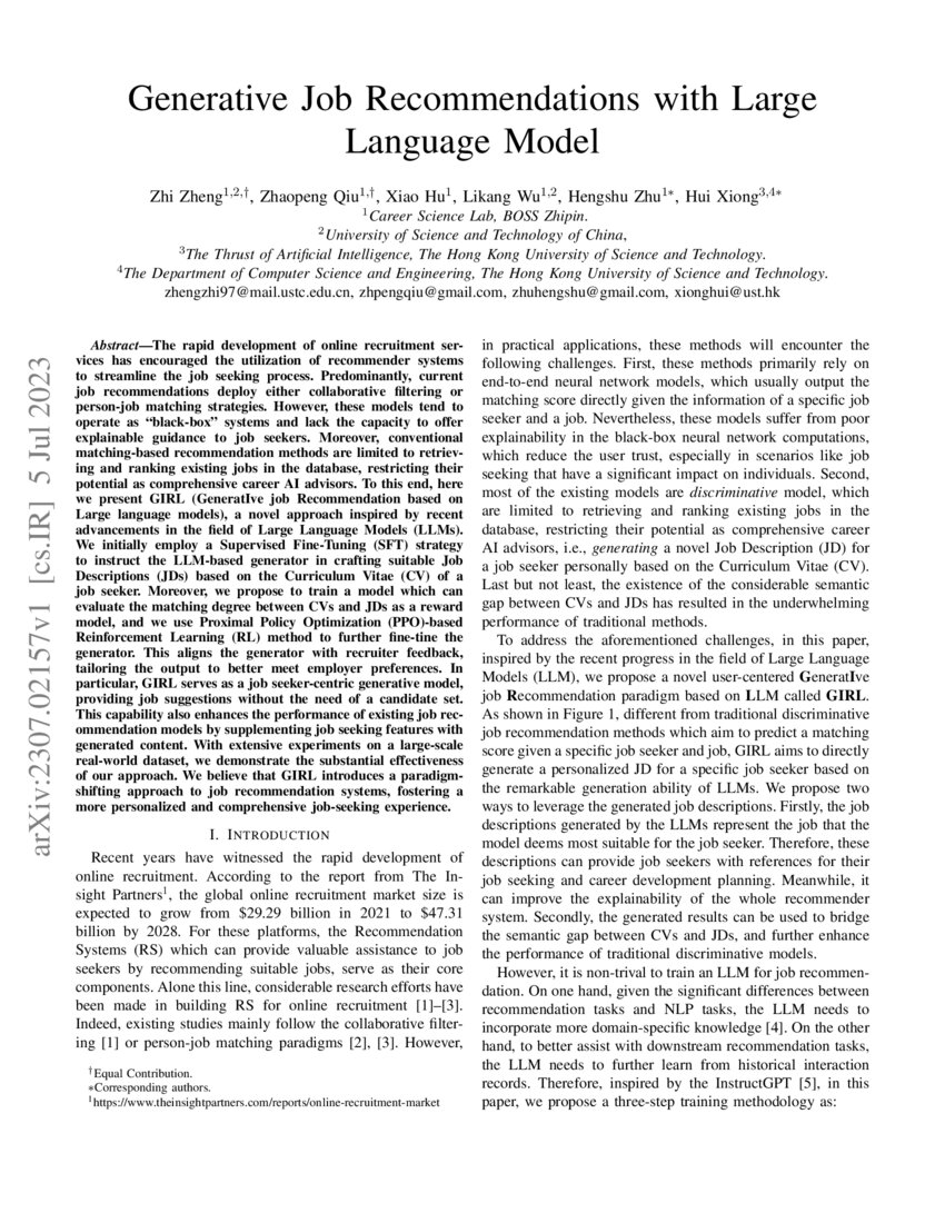 Generative Job Recommendations with Large Language Model | DeepAI