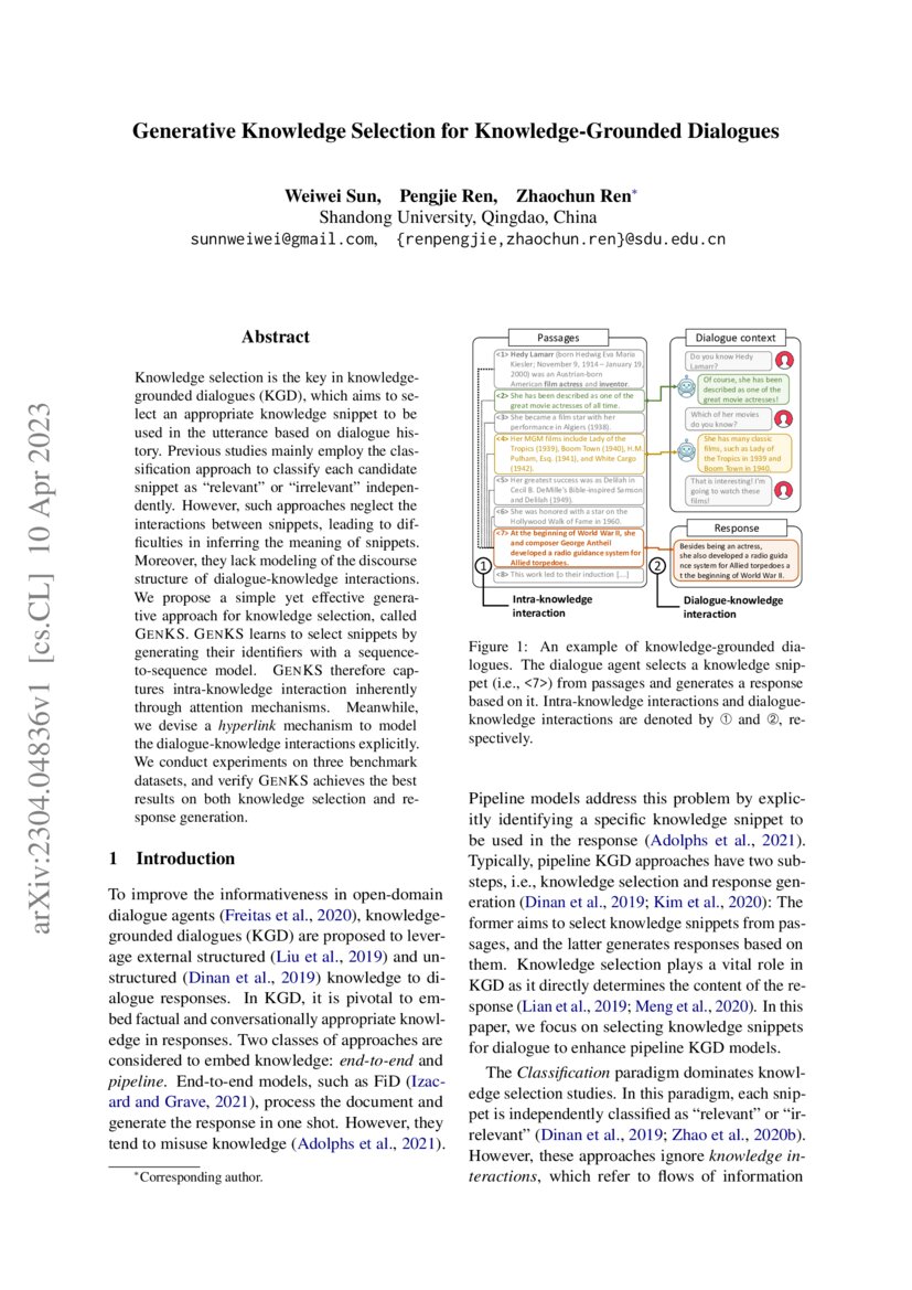 Generative Knowledge Selection for Knowledge-Grounded Dialogues | DeepAI