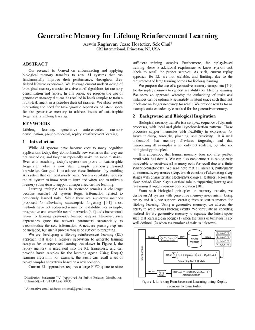 Generative Memory for Lifelong Reinforcement Learning | DeepAI