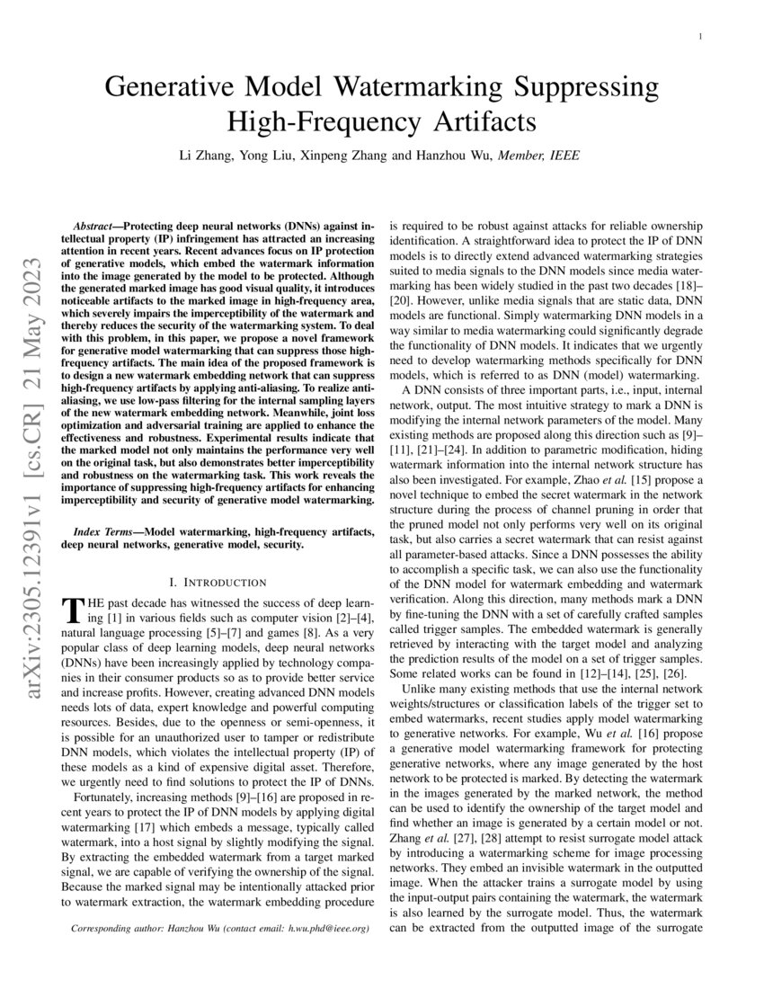 Generative Model Watermarking Suppressing High Frequency Artifacts Deepai