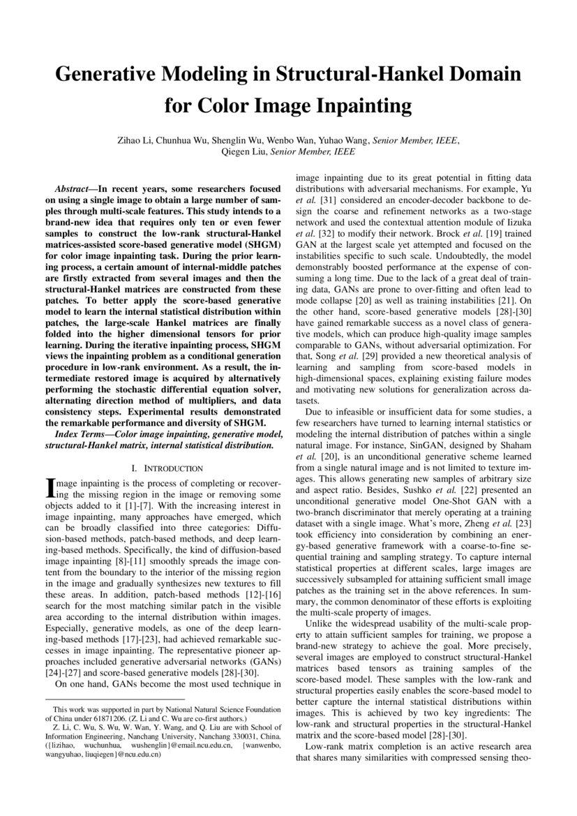 Generative Modeling in Structural-Hankel Domain for Color Image Inpainting | DeepAI
