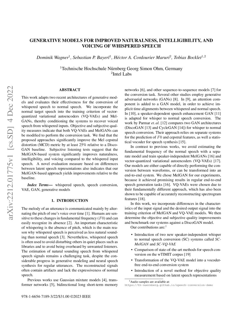 Generative Models for Improved Naturalness, Intelligibility, and ...
