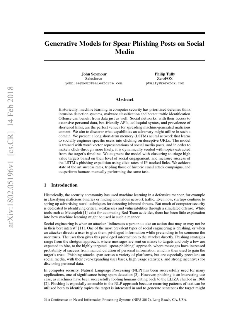 Generative Models for Spear Phishing Posts on Social Media | DeepAI