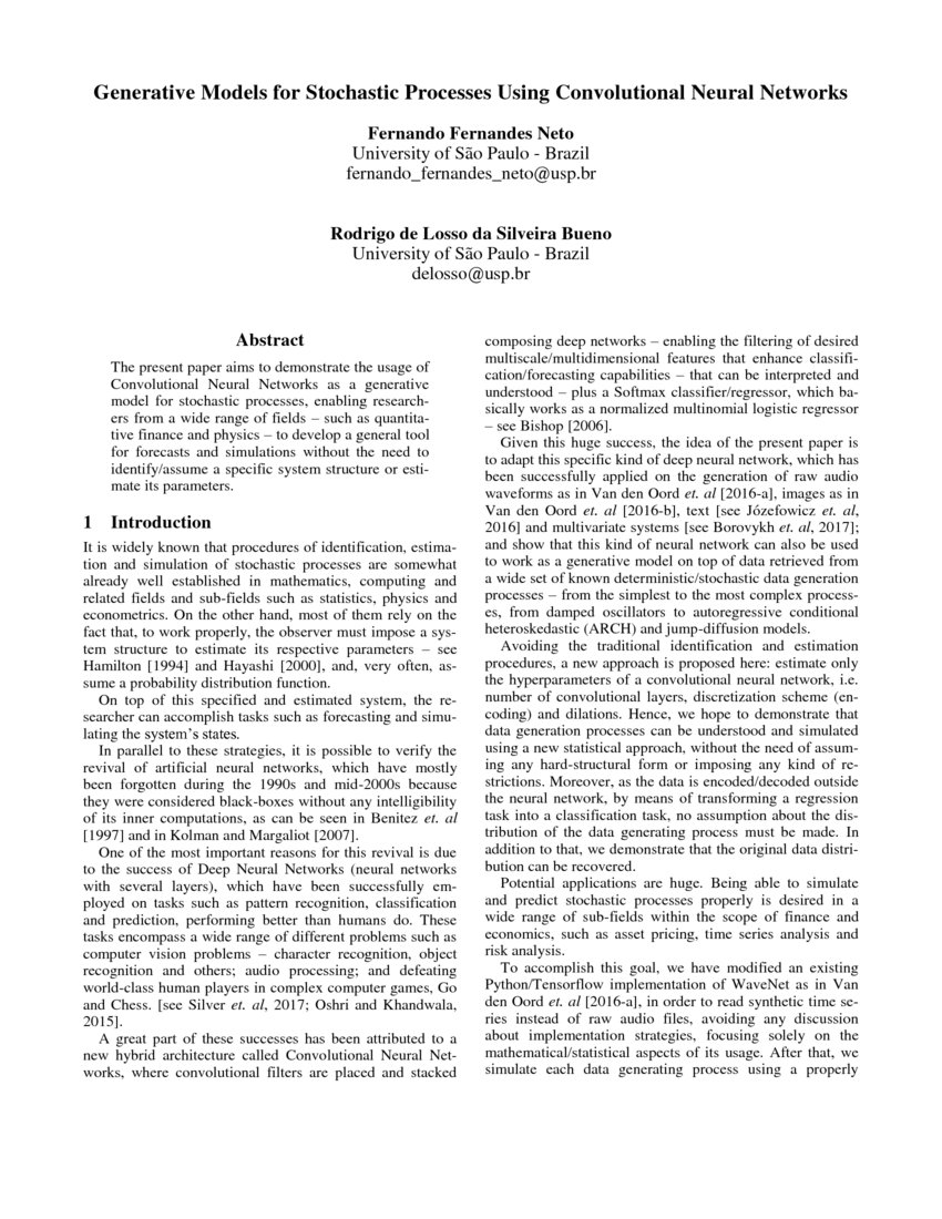 Generative Models For Stochastic Processes Using Convolutional Neural