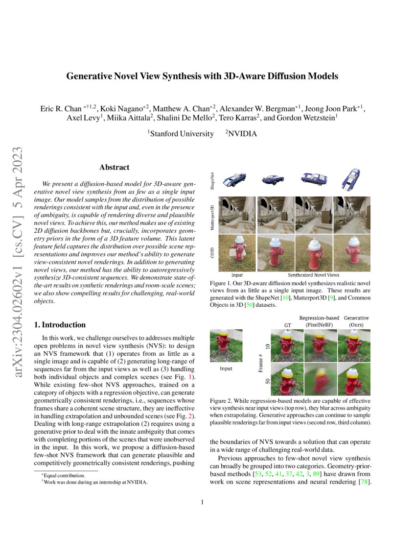 Generative Novel View Synthesis With 3d Aware Diffusion Models Deepai