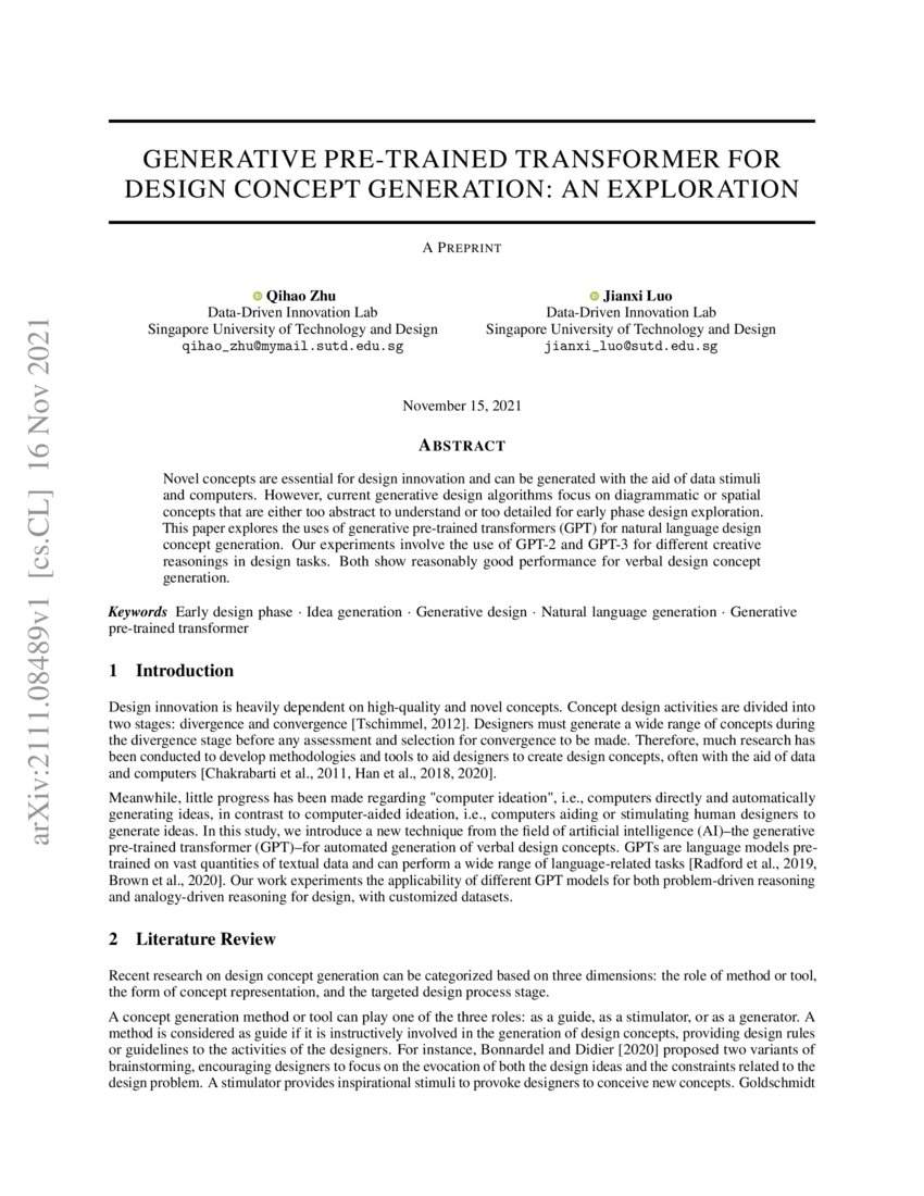 Generative Pre-Trained Transformer for Design Concept Generation: An Exploration | DeepAI