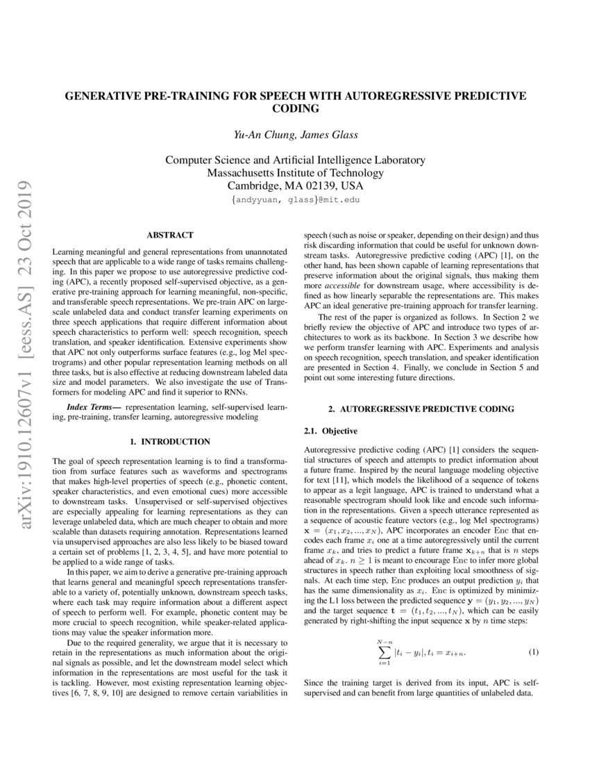 Generative Pre Training For Speech With Autoregressive Predictive Coding Deepai