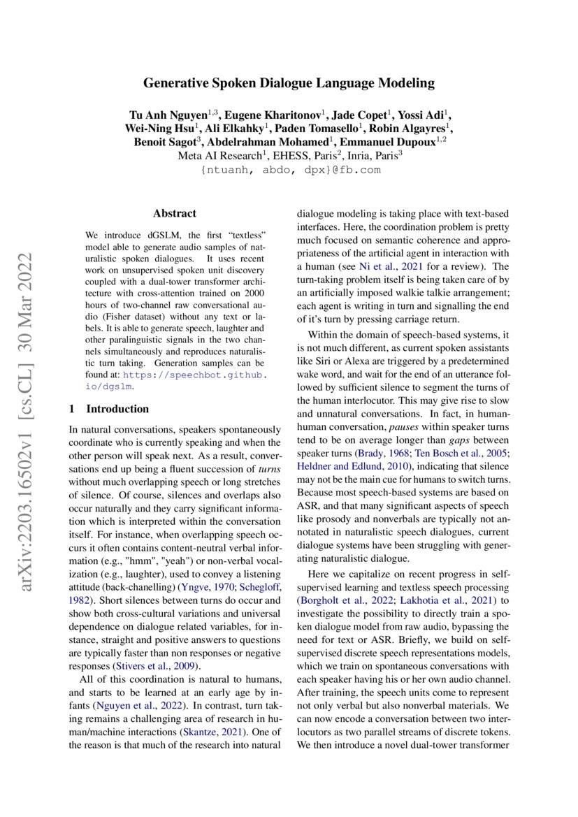 Generative Spoken Dialogue Language Modeling | DeepAI