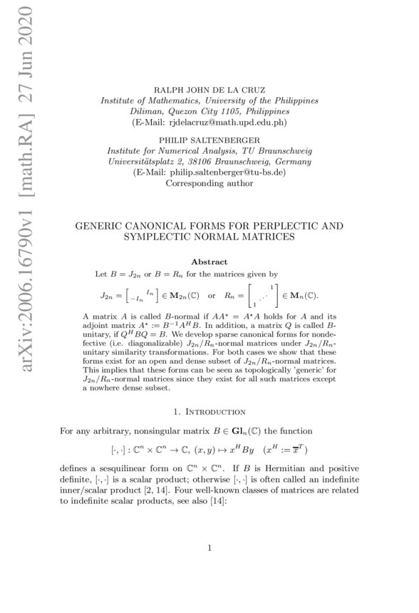 Generic canonical forms for perplectic and symplectic normal matrices ...